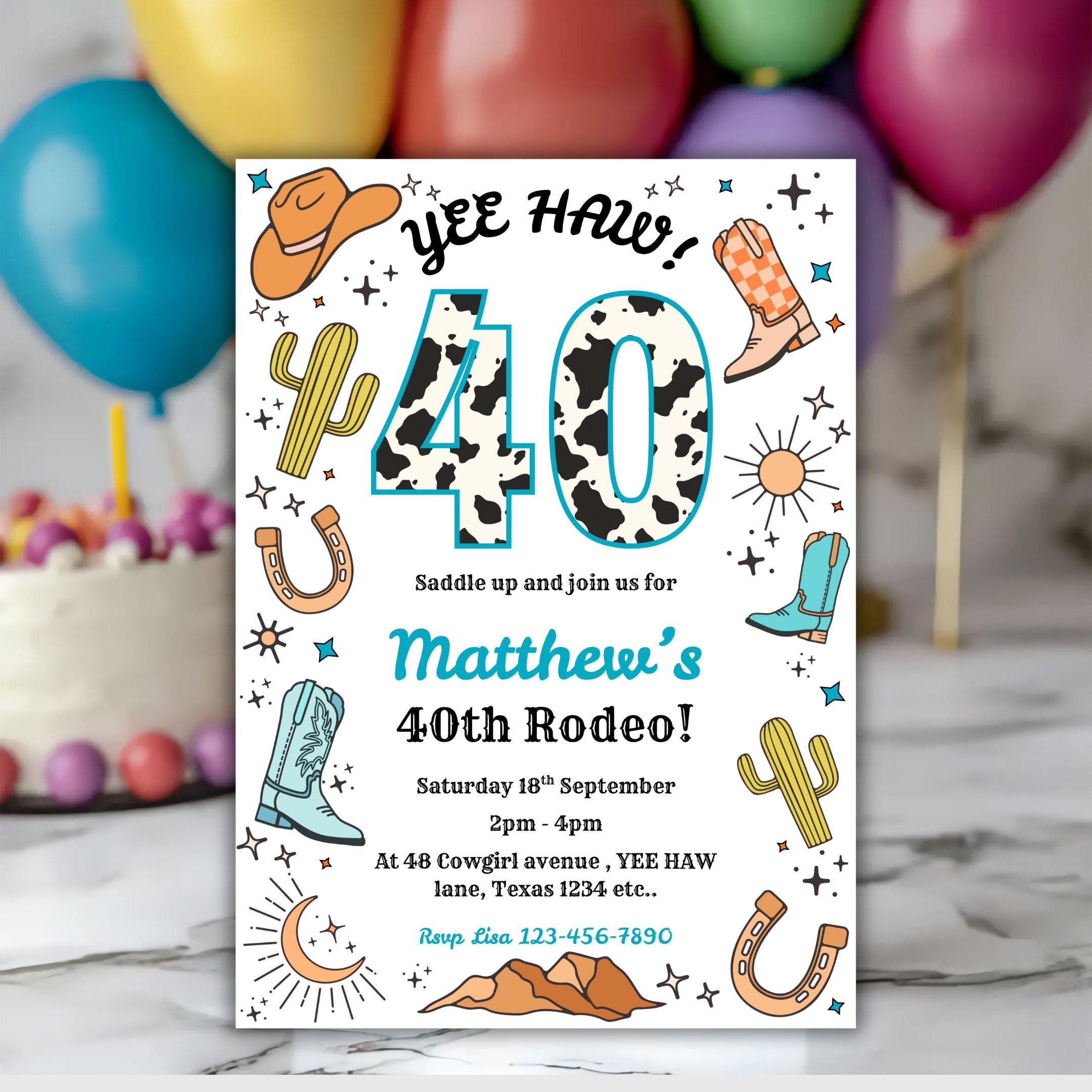 Printable Cowboy 40th Birthday Invitation Mens Wild West Rodeo Editable ...