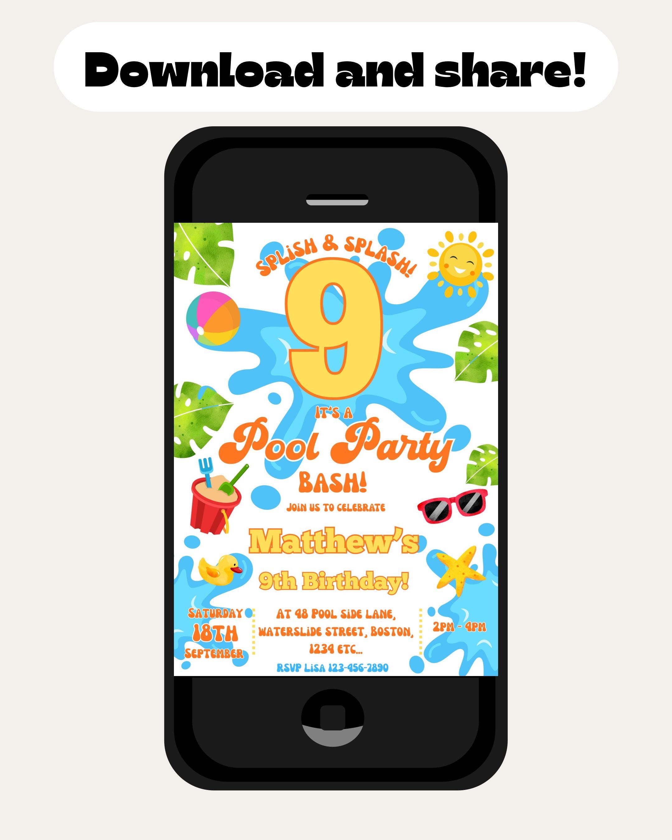 Printable Pool Party 9th Birthday Invitation Waterpark Editable Boys ...