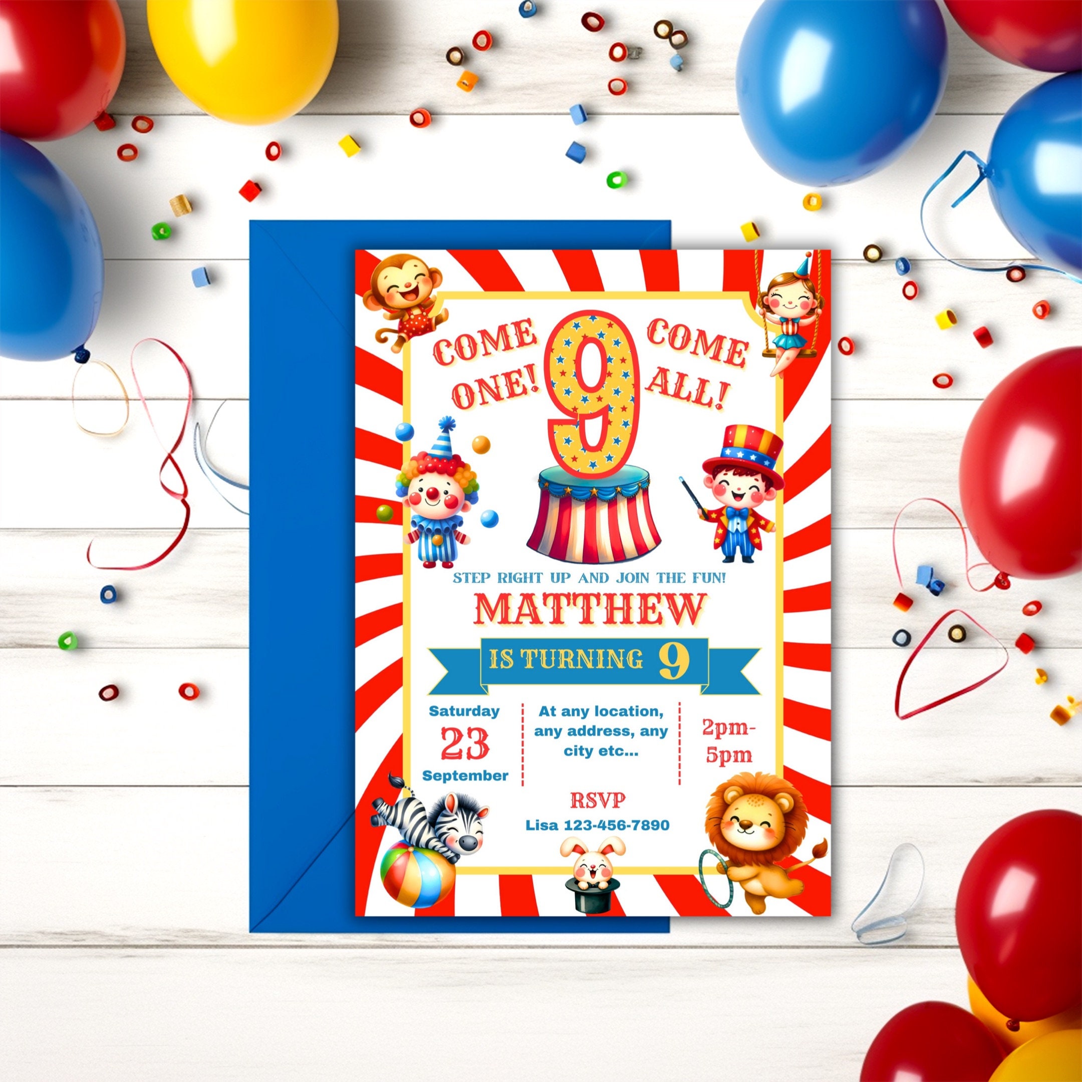 Printable Circus 9th Birthday Invitation Carnival Editable Greatest ...
