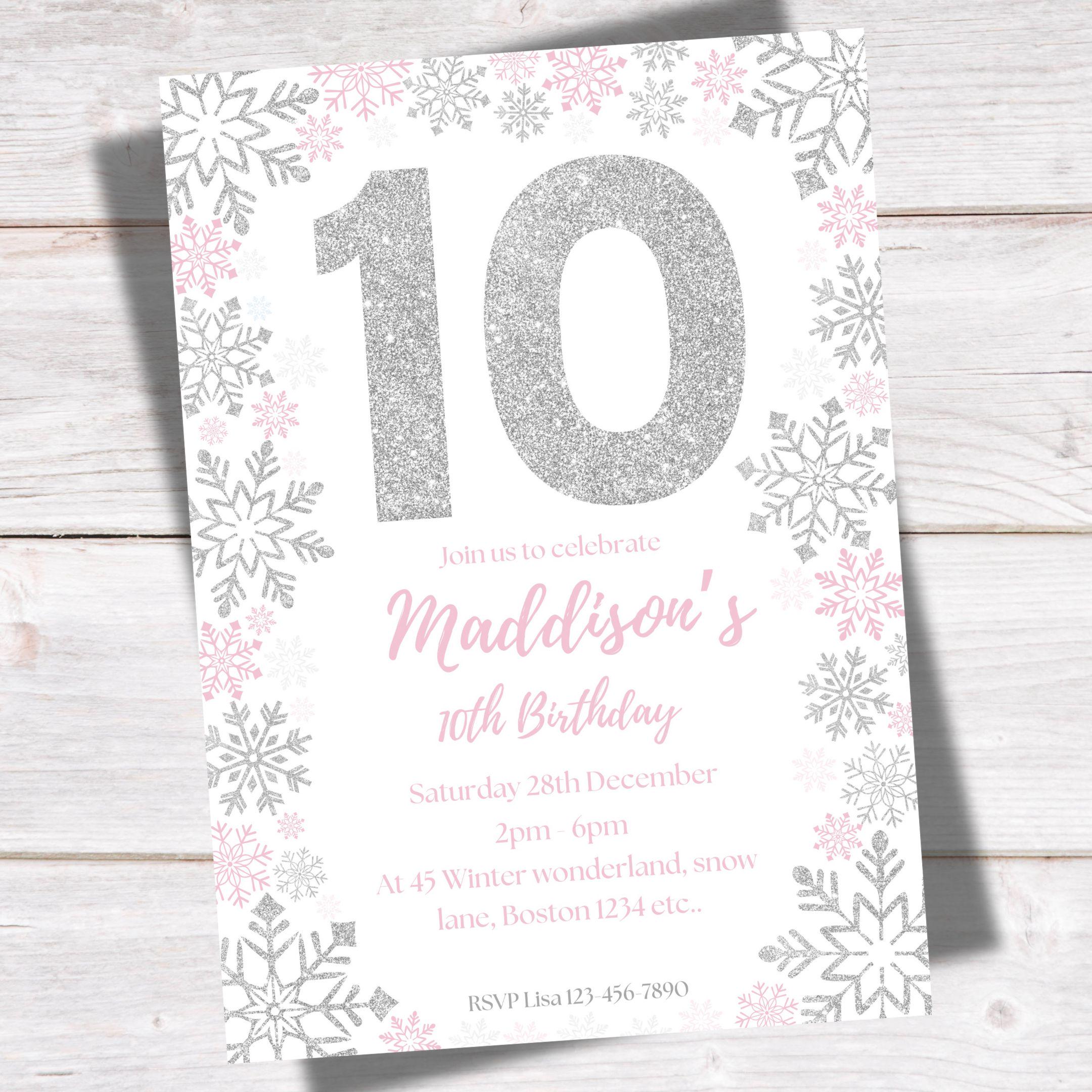 Printable Snowflake 10th Birthday Invitation Winter Wonderland Glitter ...
