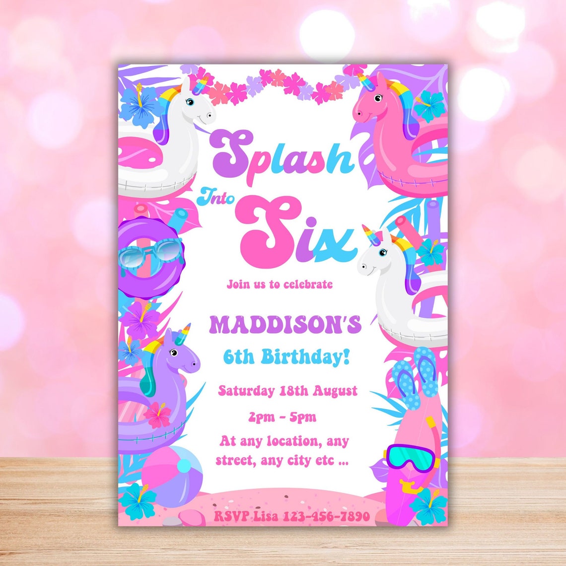 Printable Unicorn Splash Into Six Pool Party Bash Girls 6th Birthday ...