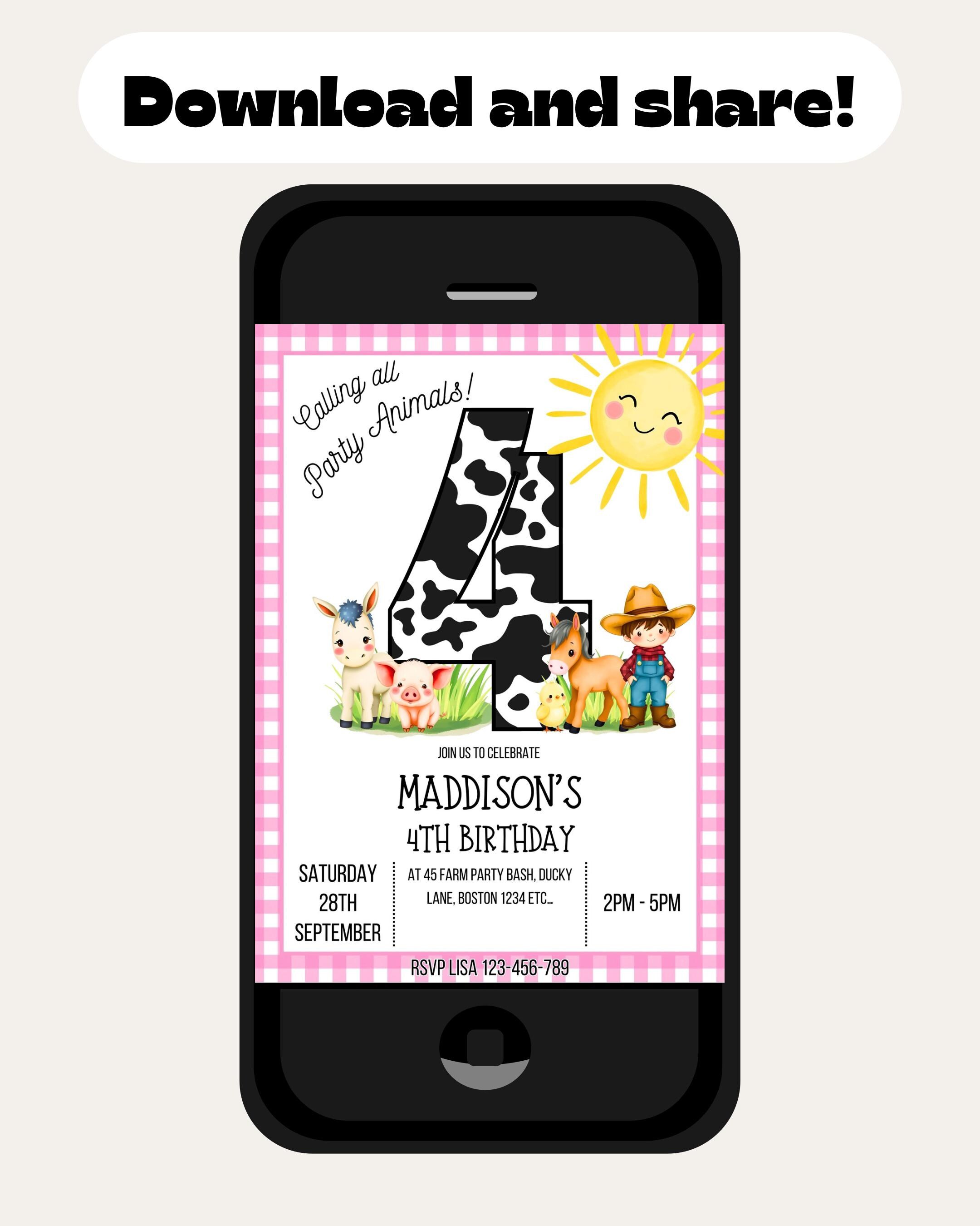 Printable Farm 4th Birthday Party Invitation Party Animals Editable ...