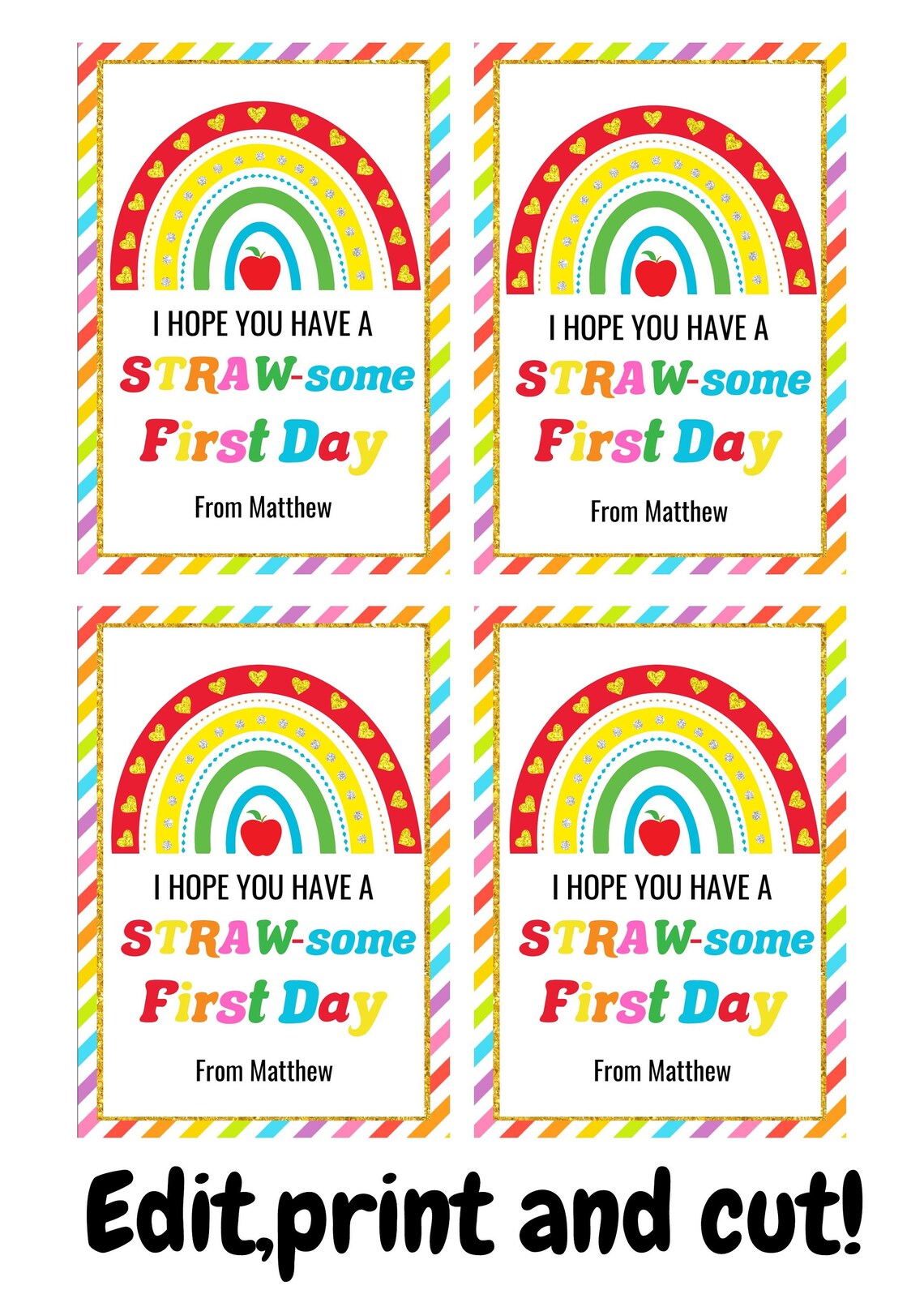 Printable Straw Back to School Tag Editable Silly Straw Gift Tag ...