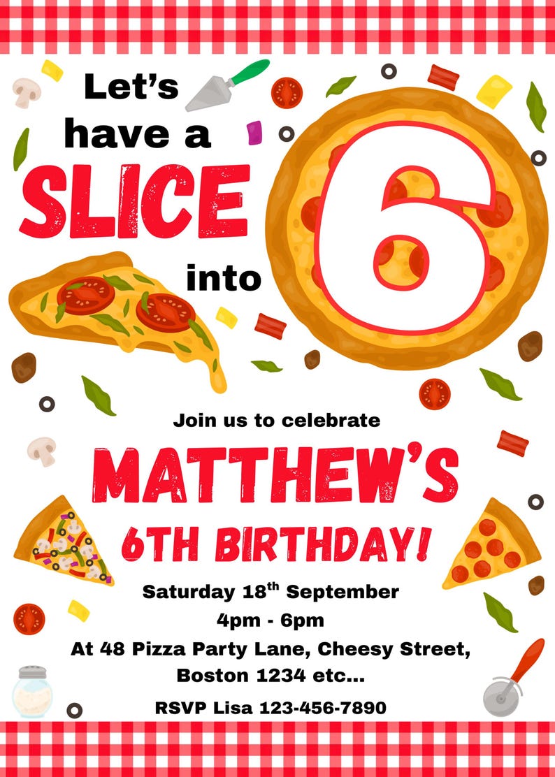 Printable Pizza Party 6th Birthday Invitation Editable Boys Girls 6th ...