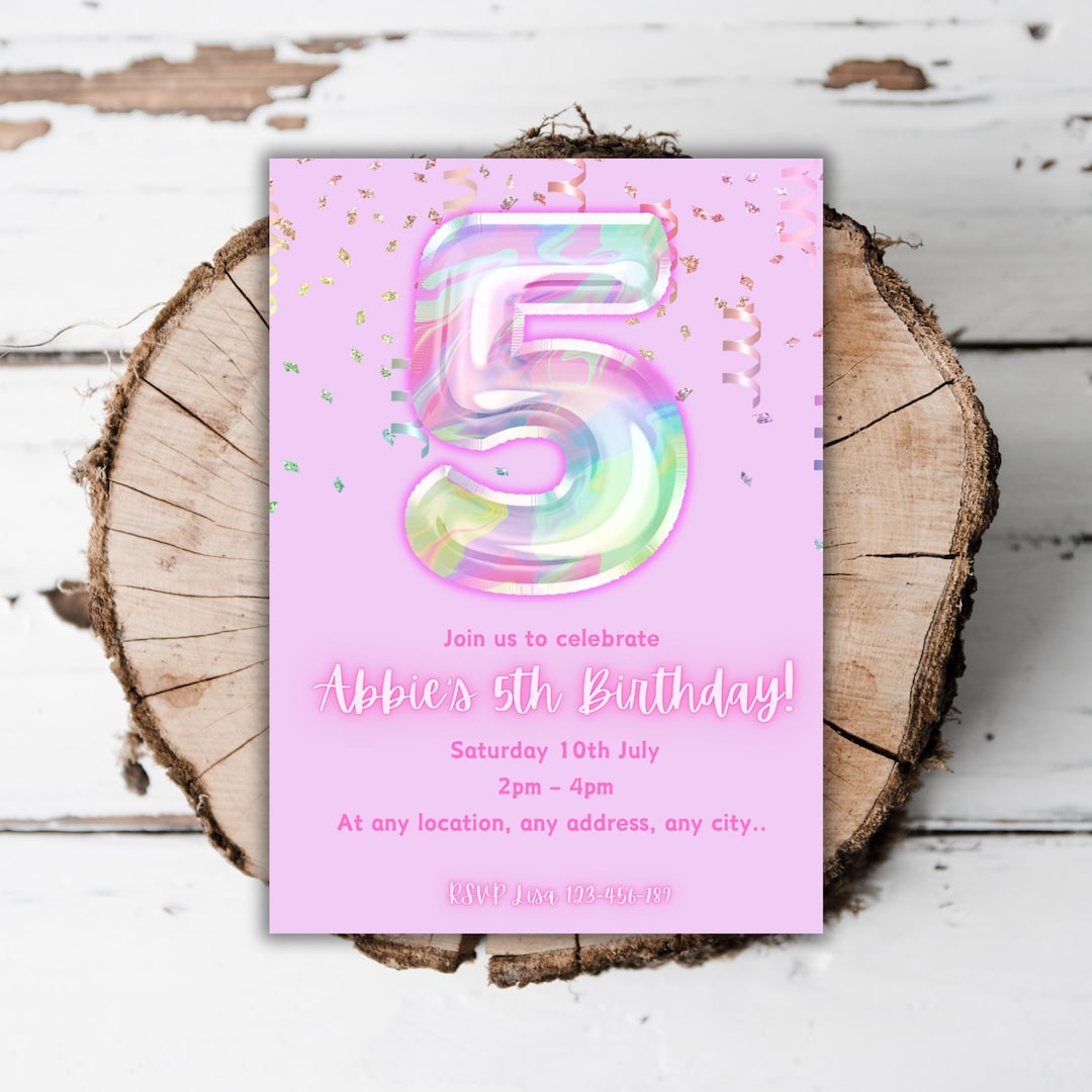 Editable Pink Girls 5th Birthday Invitation Glitter Template Foil ...