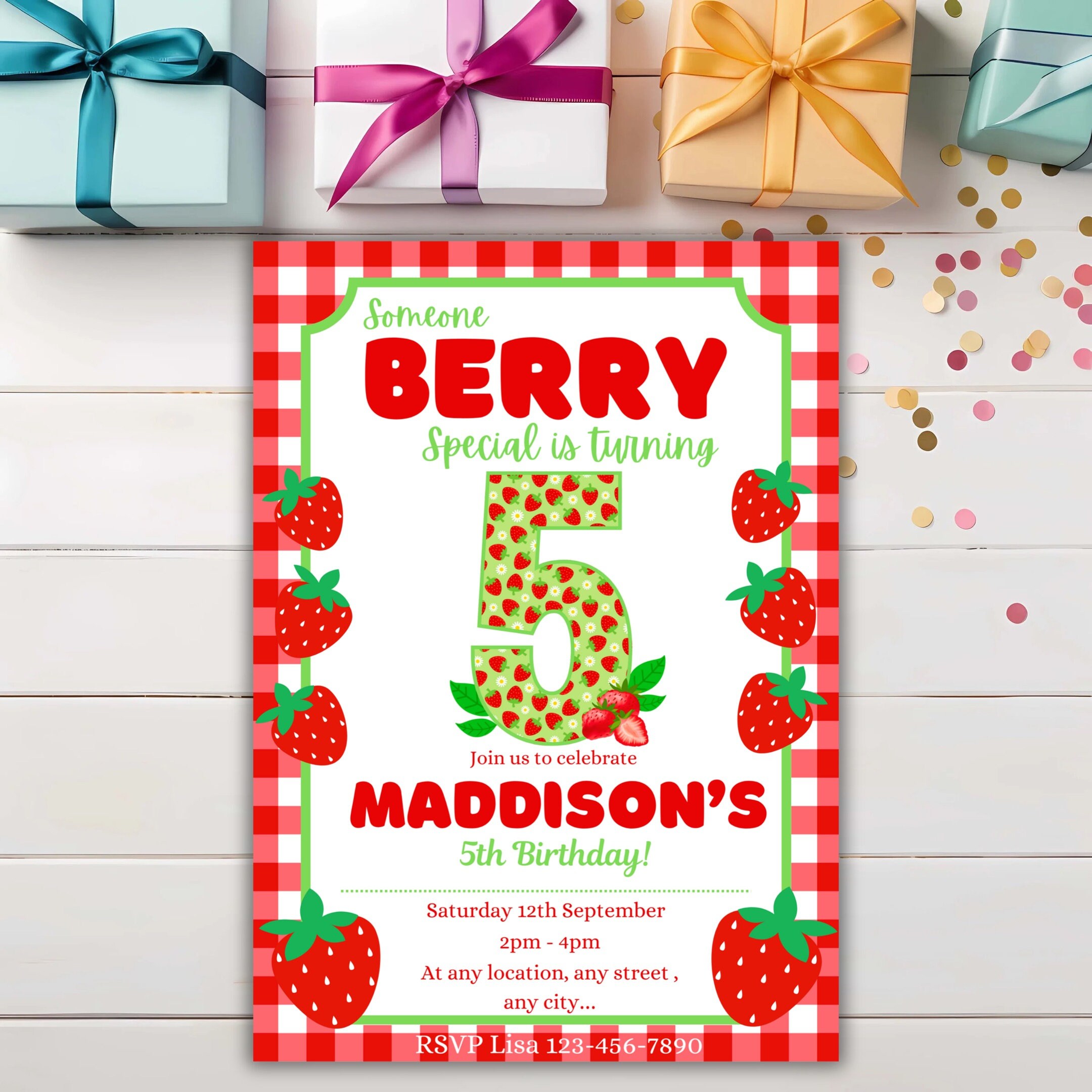 Printable Strawberry 5th Birthday Invitation Editable Berry Fifth Girl ...