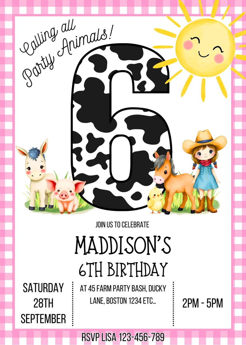 Printable Farm 6th Birthday Party Invitation Party Animals Editable ...