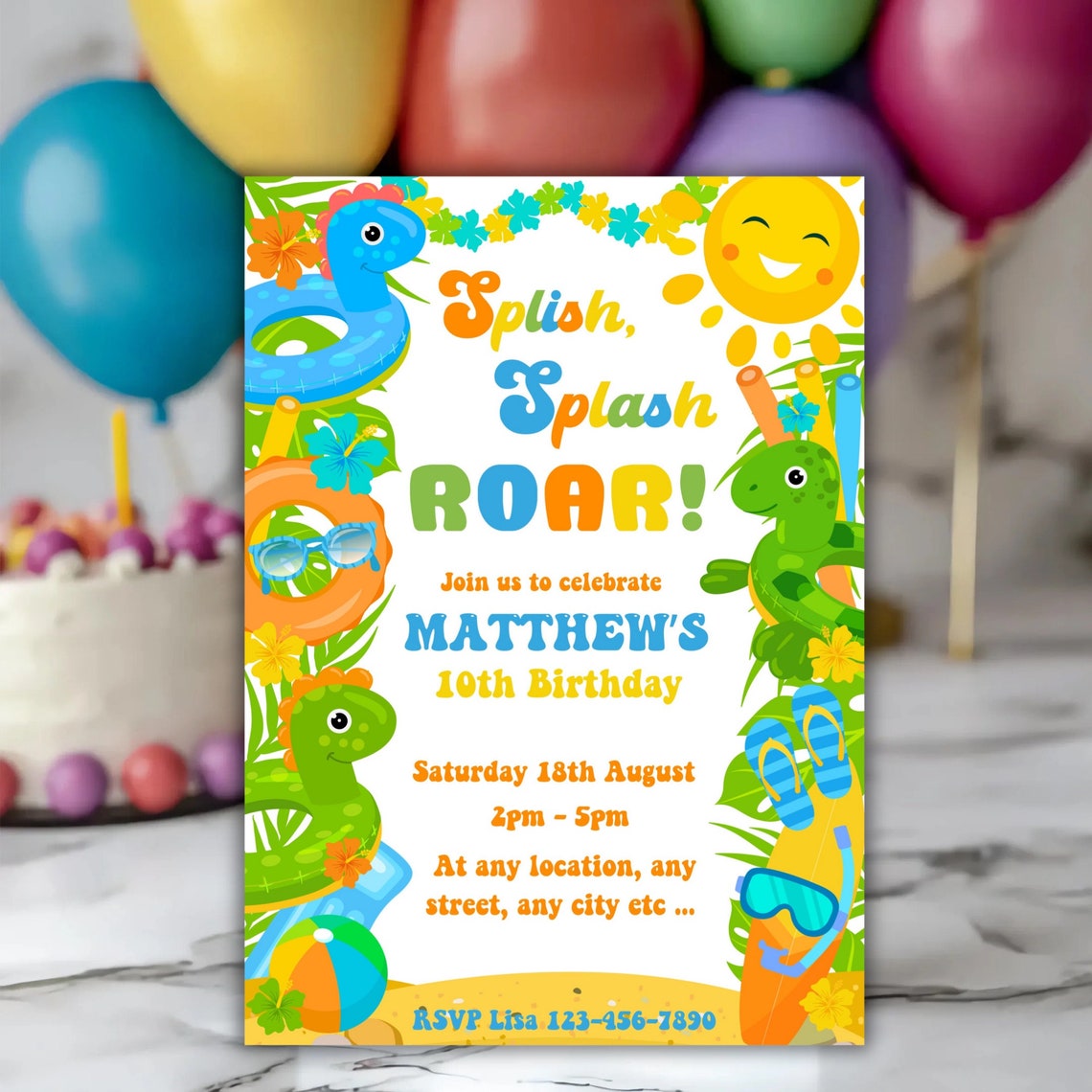 Printable Dinosaur Pool Party Boys Birthday Invitation Dino Summer ...