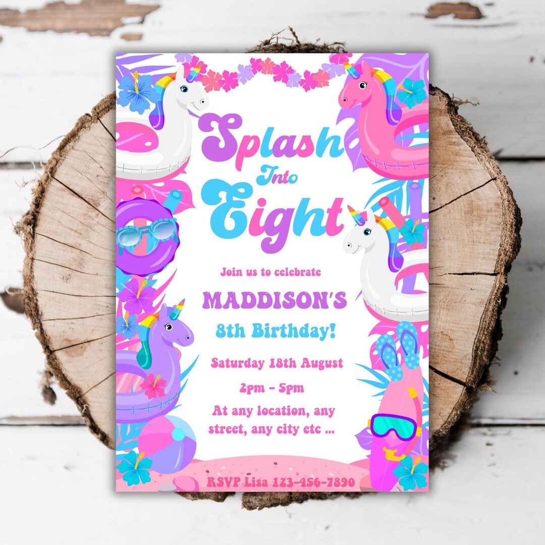 Printable Unicorn Splash Into Eight Pool Party Bash Girls 8th Birthday ...