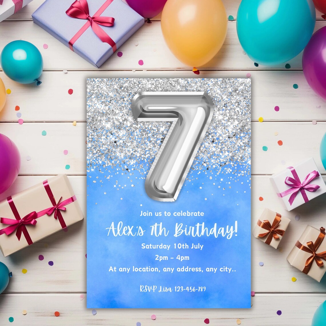 Printable Blue Silver 7th Birthday Invitation Glitter Template Foil ...