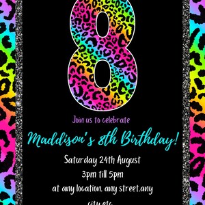 Printable Rainbow 8th Leopard Animal Print Girls Birthday Invitation ...