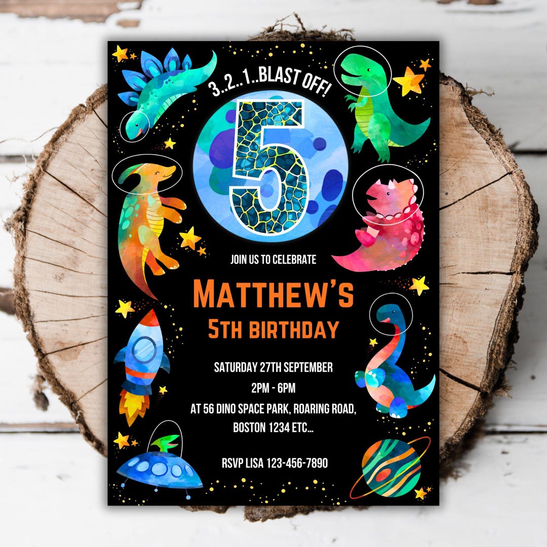 Printable Space Dinosaur Boys 5th Birthday Invitation Dino Editable ...