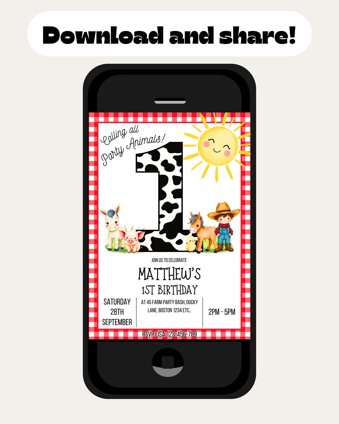 Printable Farm 1st Birthday Party Invitation Party Animals Editable ...