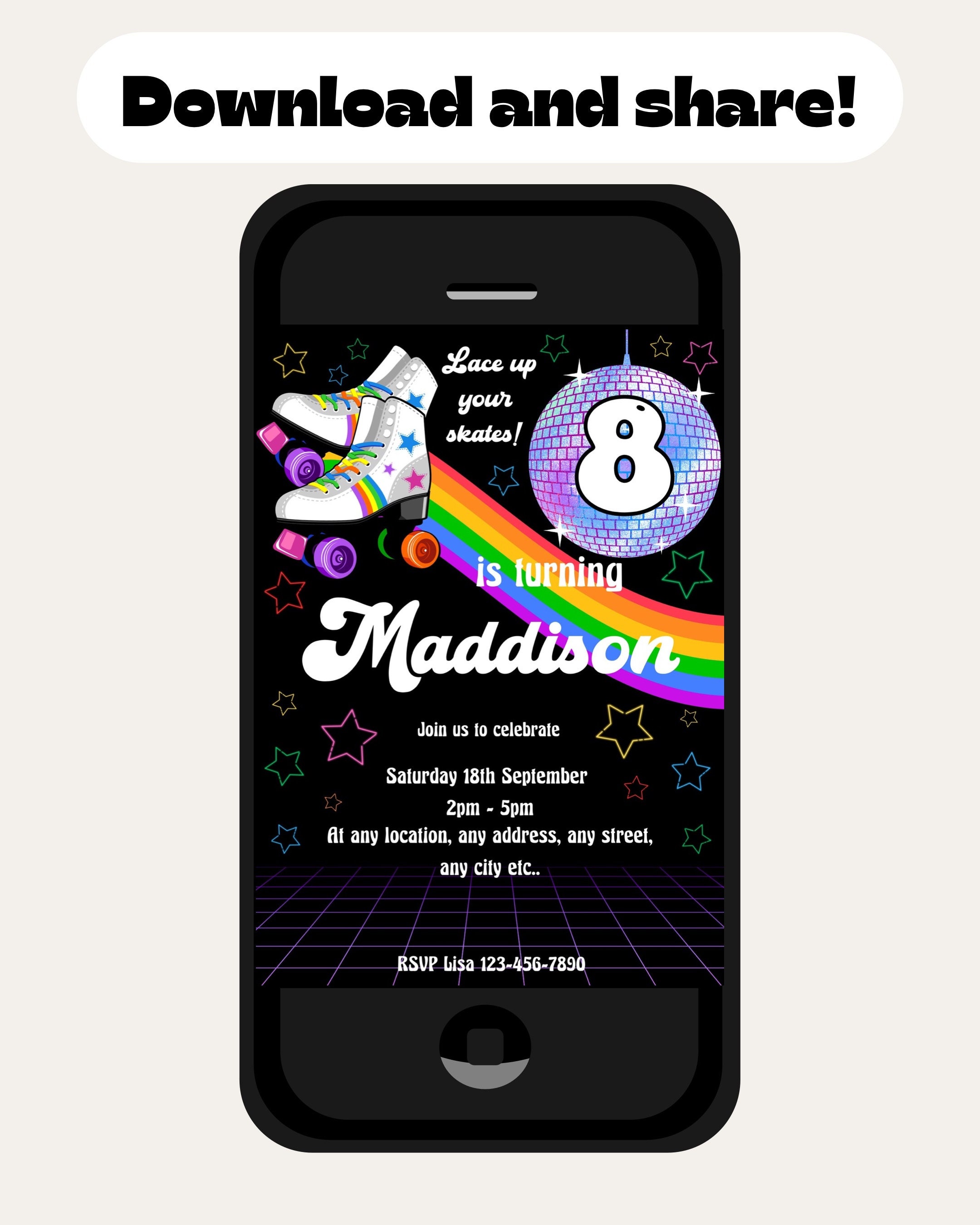 Printable Rainbow Roller Skating Girls Birthday Invitation Retro Glow ...