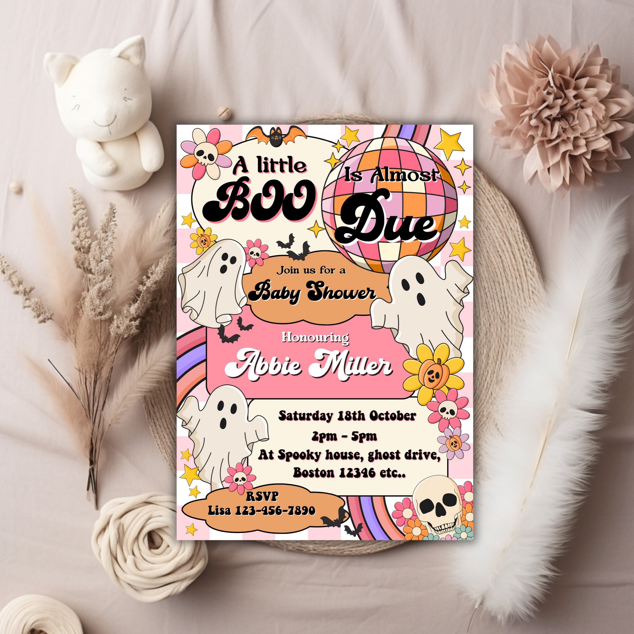 Printable Halloween Baby Shower Invitation Pink Girl Baby Boo Retro ...
