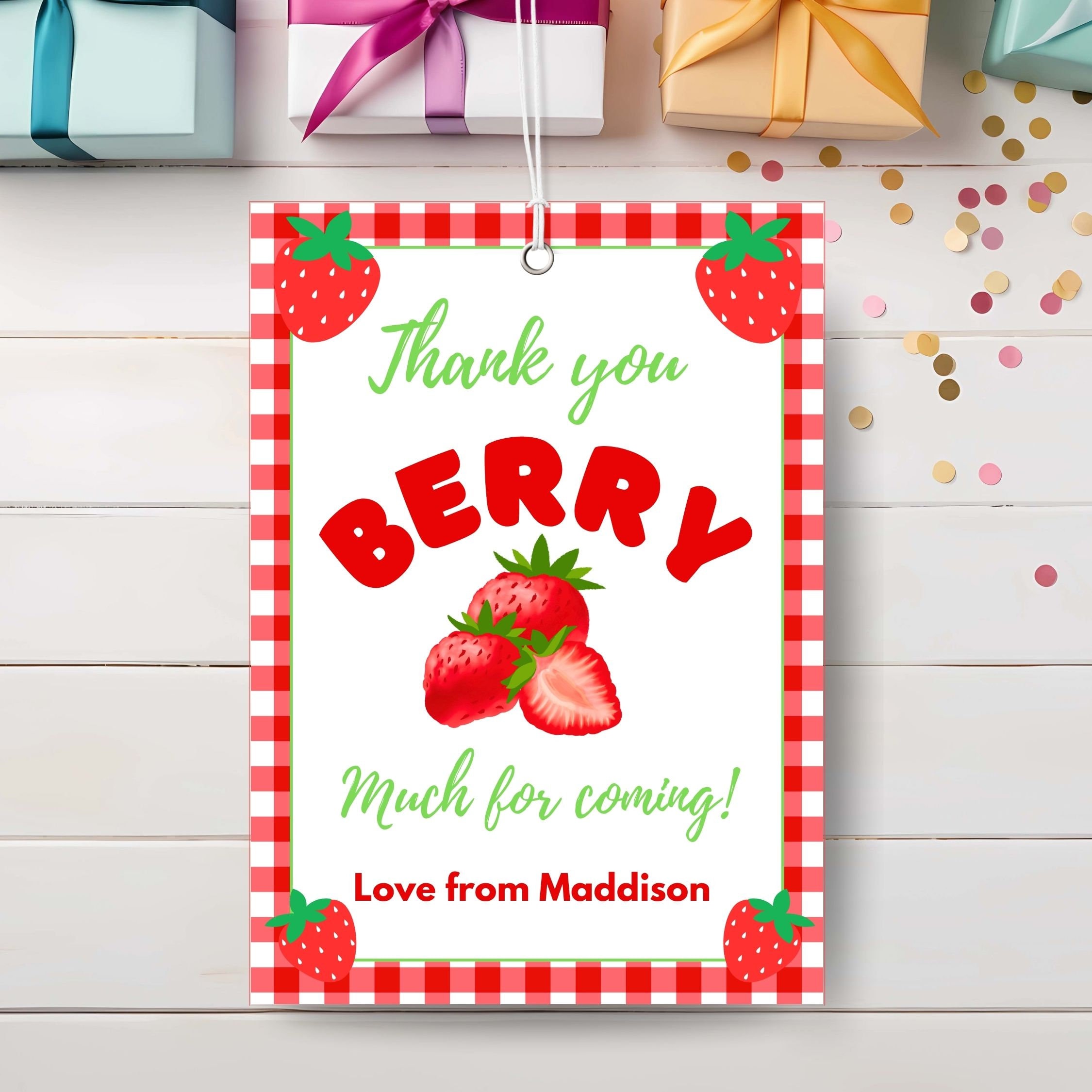 Printable Strawberry Gingham Birthday Party Favor Tags Girls Berry ...