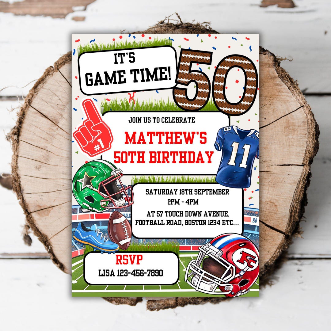 Printable Football 50th Birthday Invitation Mens American Football ...