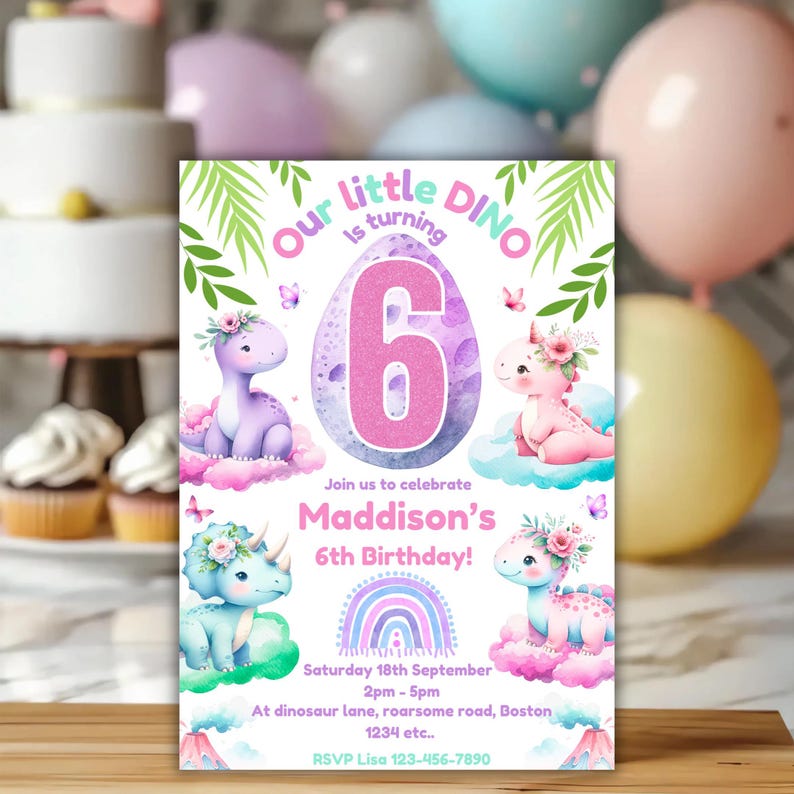 Printable Dinosaur Girls 6th Birthday Invitation Dino Editable Pastel ...