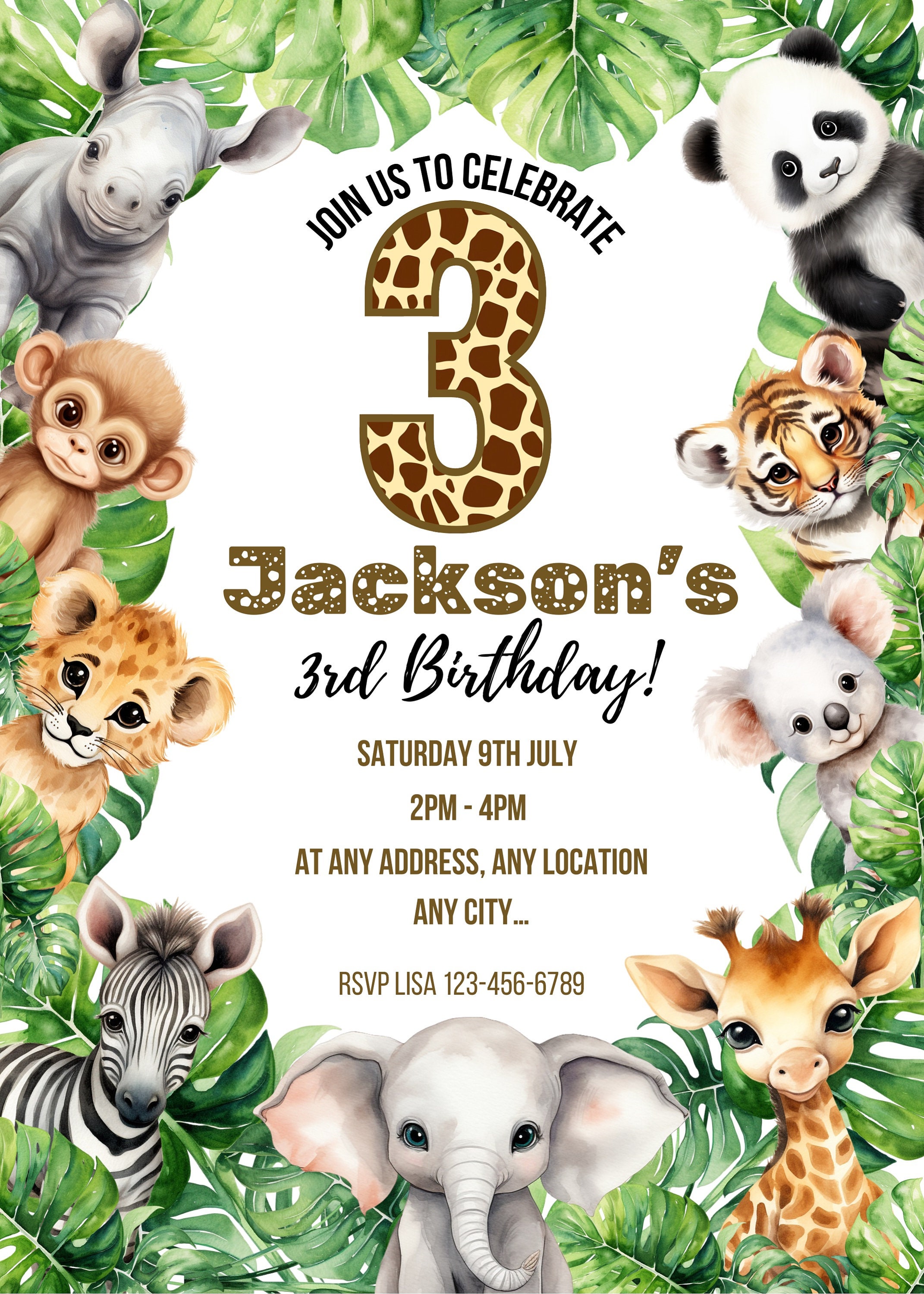 Printable Jungle Safari 3rd Birthday Party Invitation Template Boys ...