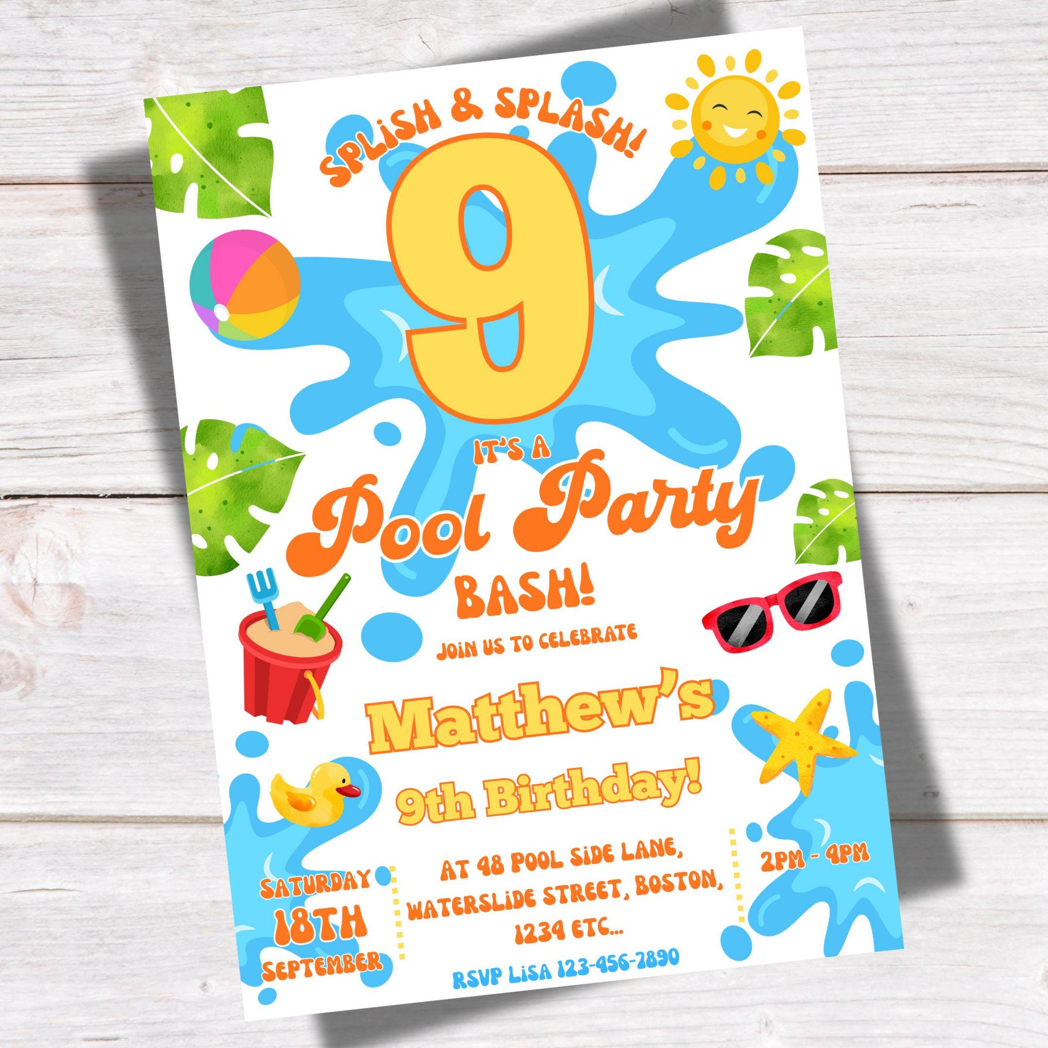 Printable Pool Party 9th Birthday Invitation Waterpark Editable Boys ...