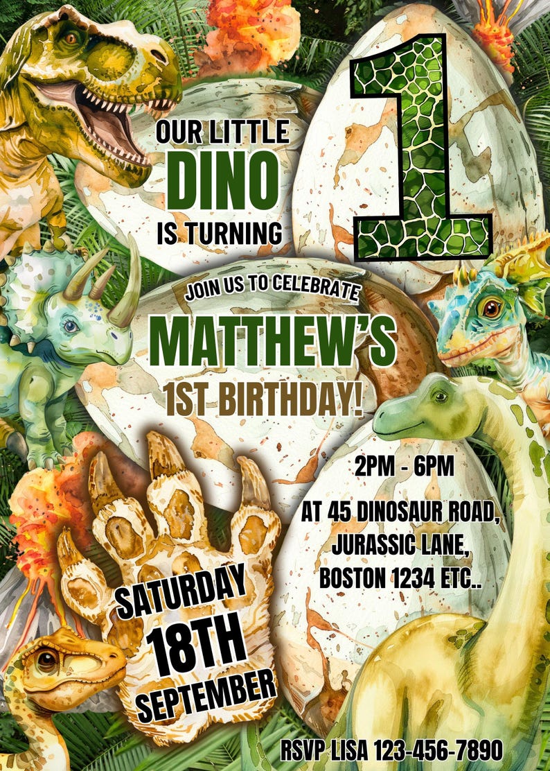 Printable Dinosaur Boys 1st Birthday Invitation Dino Editable Jurassic ...