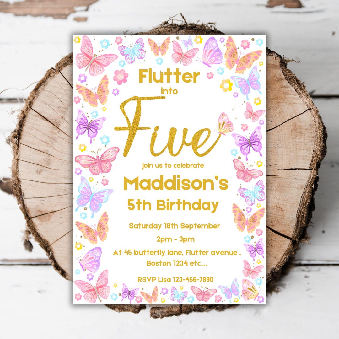 Printable Butterfly 5th Birthday Invitation Girls Floral Butterfly ...