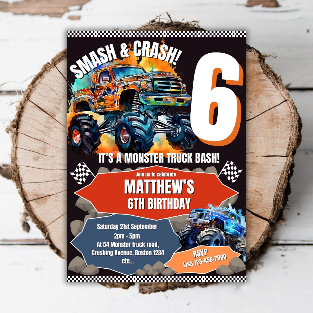 Printable Monster Truck 6th Birthday Invitation Boys 6th Birthday ...