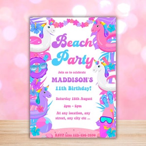 Printable Unicorn Beach Party Invitation Pool Party Invite Girls ...