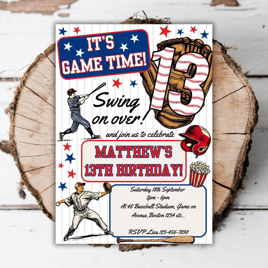 Printable Baseball 13th Birthday Invitation Boys All Star Editable ...