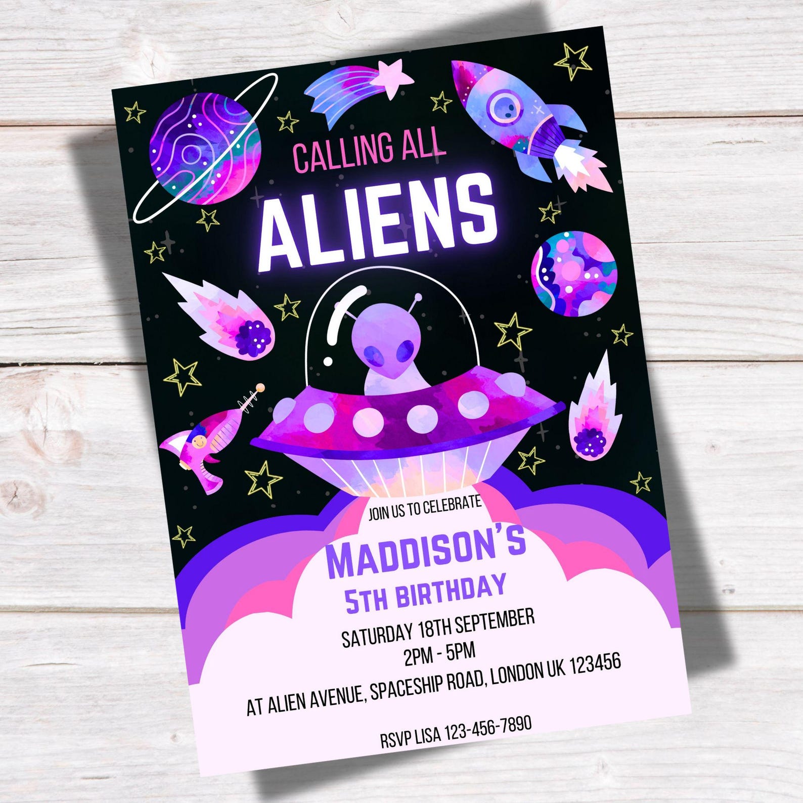 Printable Alien Birthday Invitation Girls Neon Alien Spaceship Editable ...