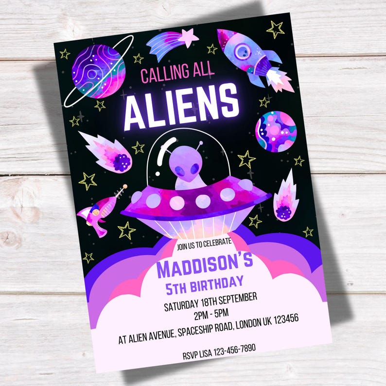 Printable Alien Birthday Invitation Girls Neon Alien Spaceship Editable ...