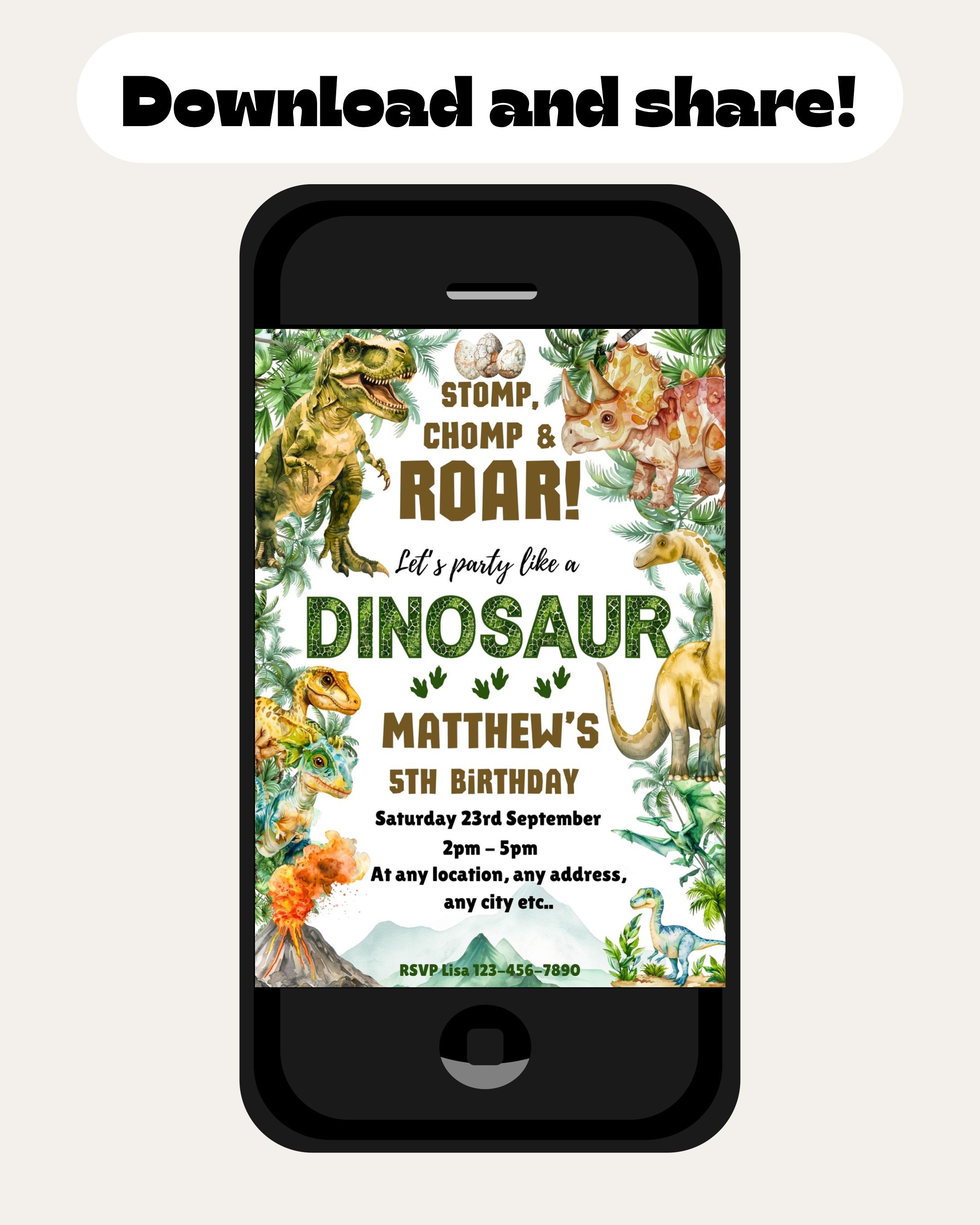 Printable Dinosaur Birthday Invitation Boys Stomp Chomp and Roar Dino ...