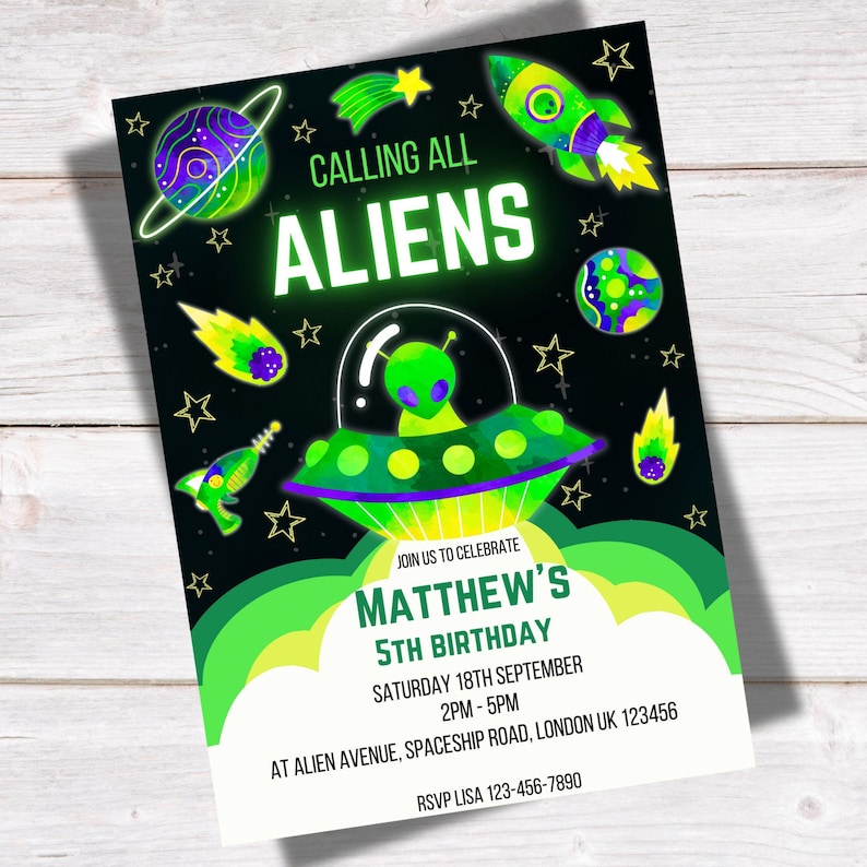 Printable Alien Birthday Invitation Boys Neon Alien Spaceship Editable ...