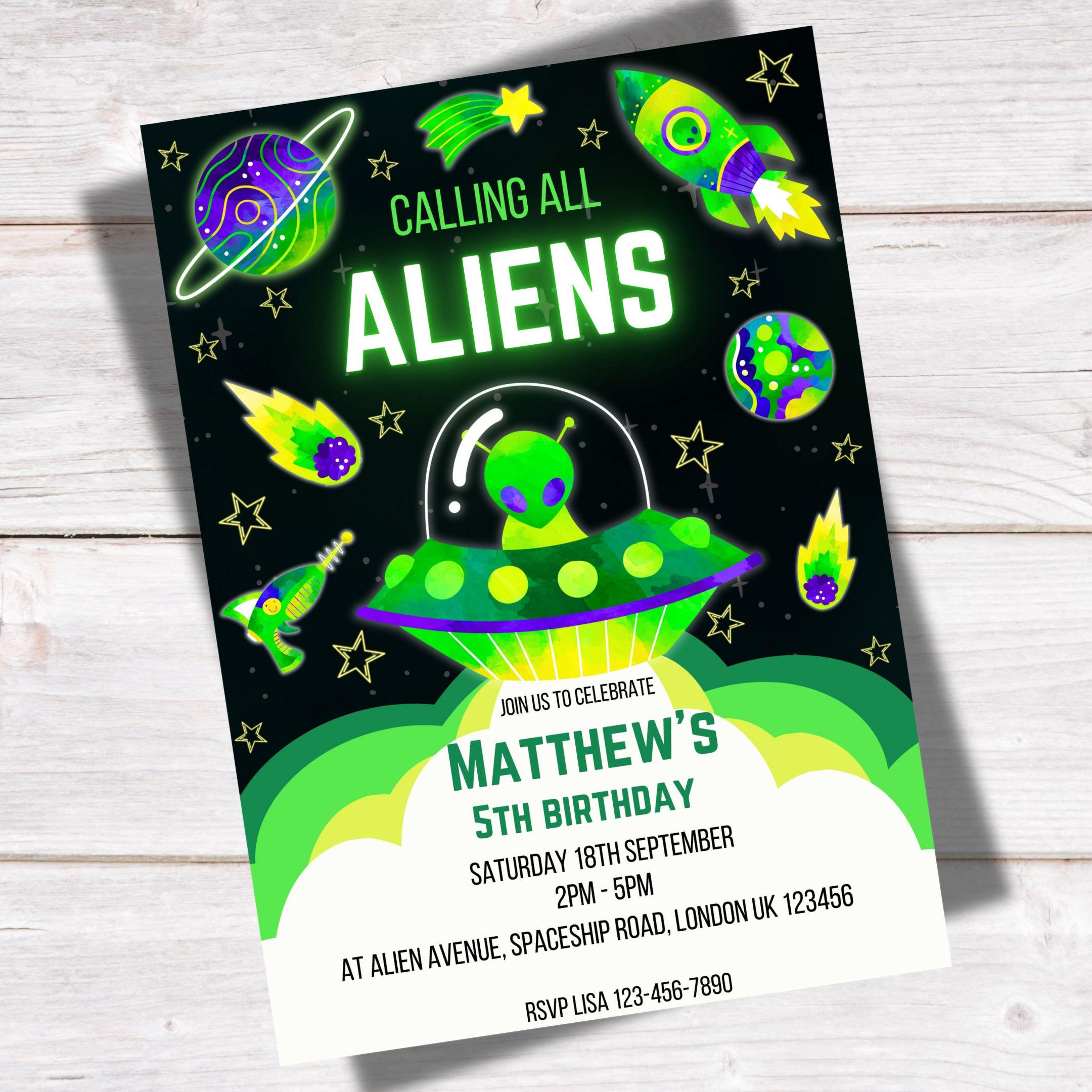 Printable Alien Birthday Invitation Boys Neon Alien Spaceship Editable ...