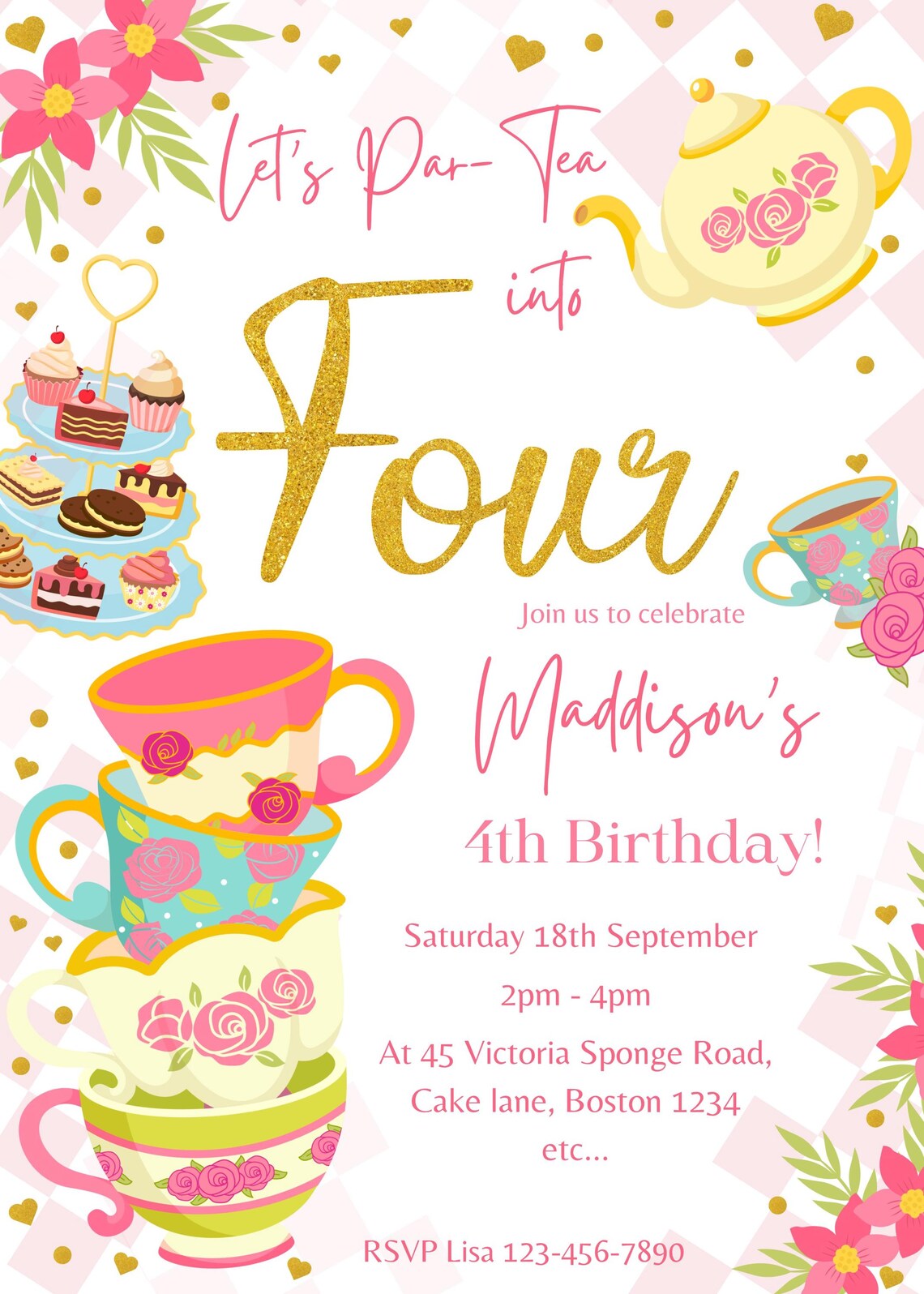 Printable Tea Party 4th Birthday Party Invitation High Tea Editable ...