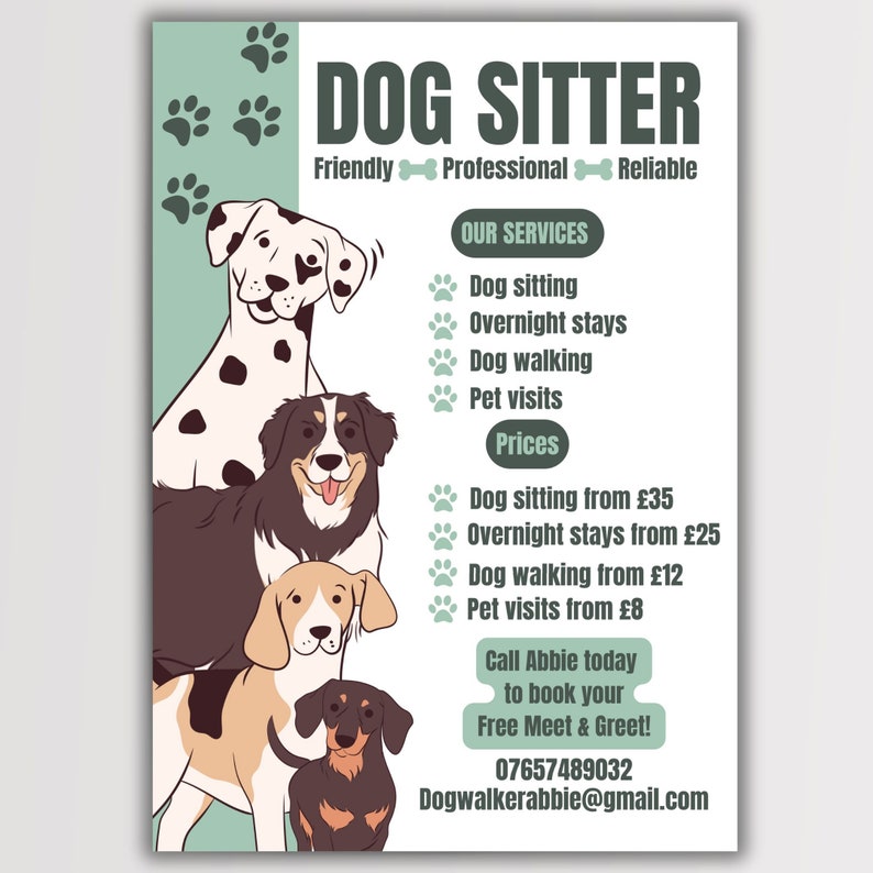 Printable Dog Sitting Business Flyer Dog Walking Flyer Doggy Daycare ...