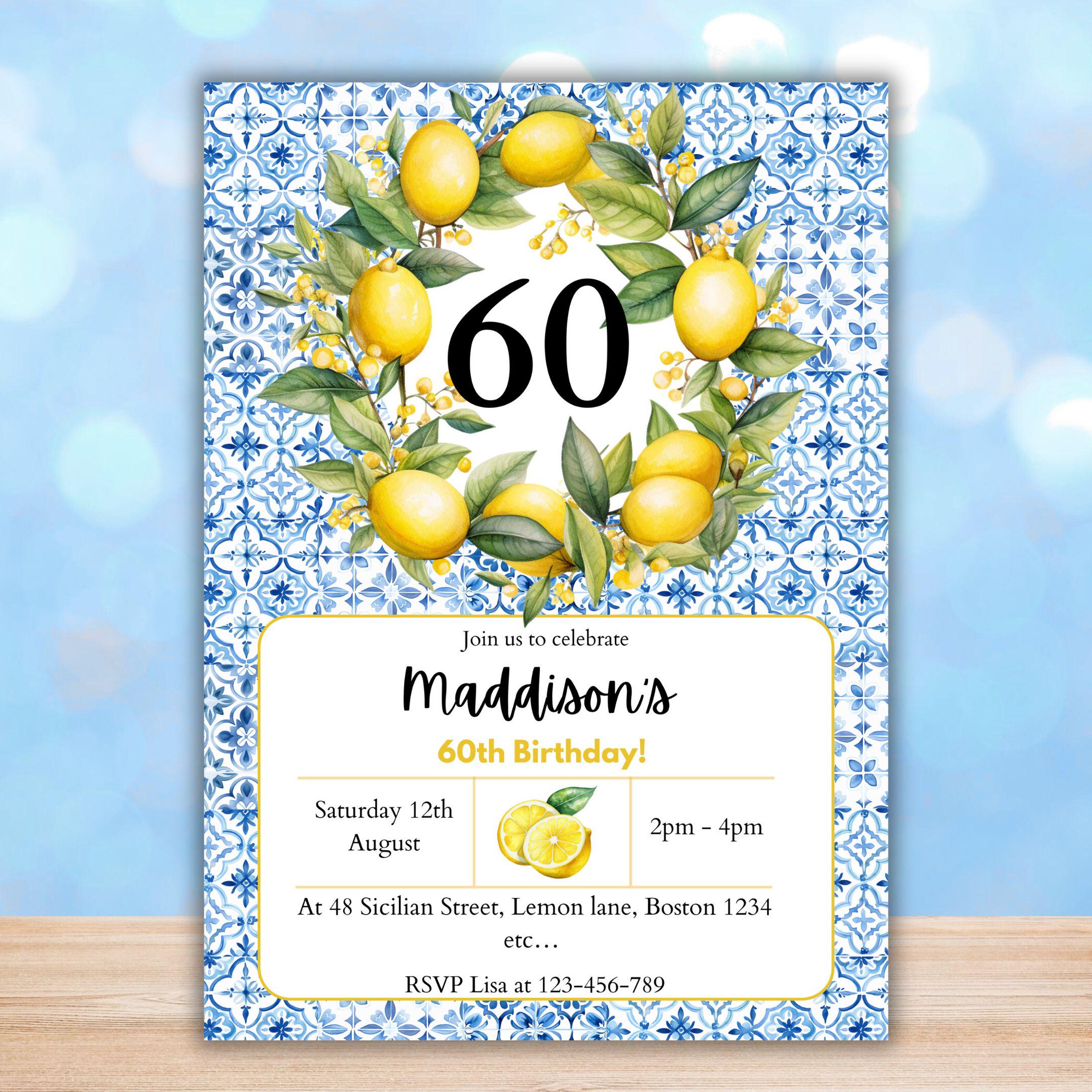 Printable Sicilian 60th Birthday Invitation Girls Lemon Italy Turning ...