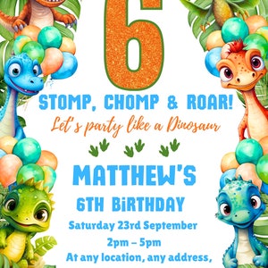 Printable Dinosaur Boys 6th Birthday Invitation Dino Editable Jurassic ...