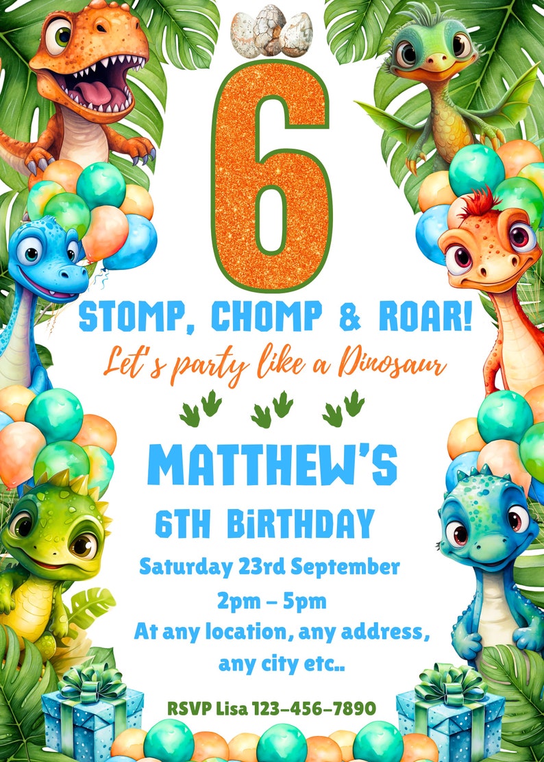 Printable Dinosaur Boys 6th Birthday Invitation Dino Editable Jurassic ...