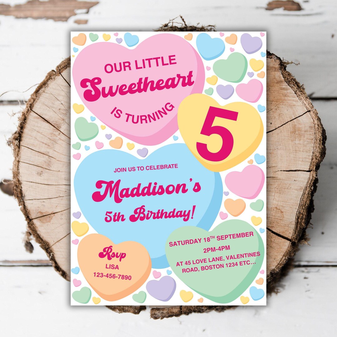 Printable Rainbow Sweetheart 5th Birthday Party Invitation Valentines ...