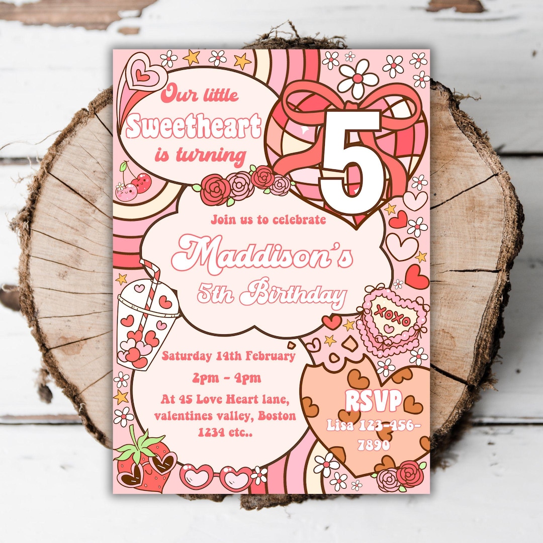 Printable Groovy Sweetheart 5th Birthday Party Invitation Valentines ...