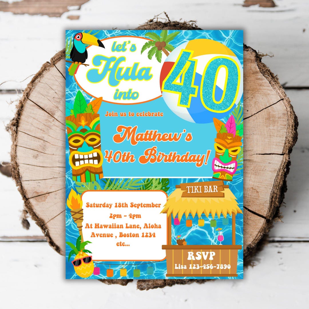 Printable Hawaiian Luau Men’s 40th Birthday Invitation Tropical Pool ...
