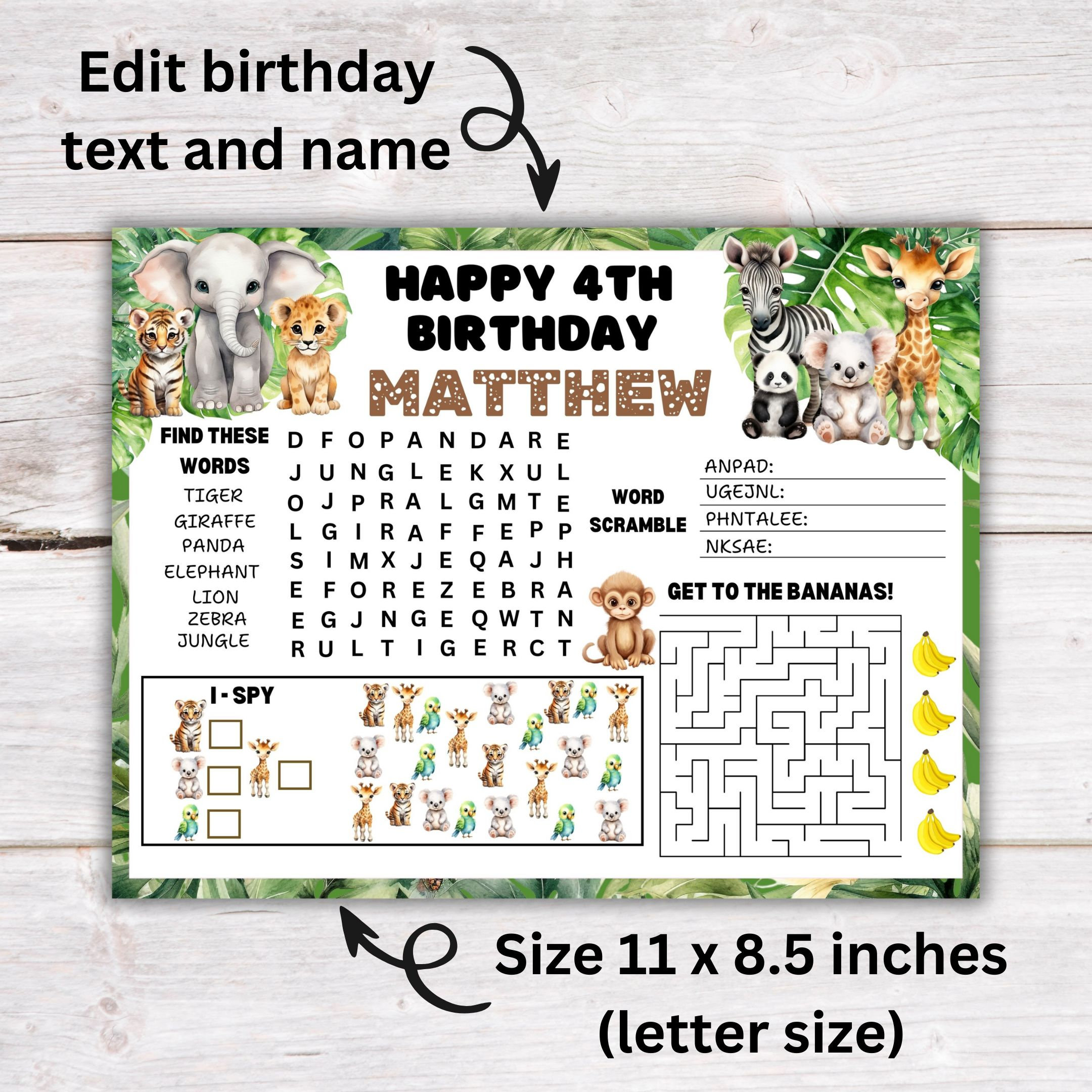 Printable Jungle Party Placemat Activity Sheet Jungle Animals Editable ...