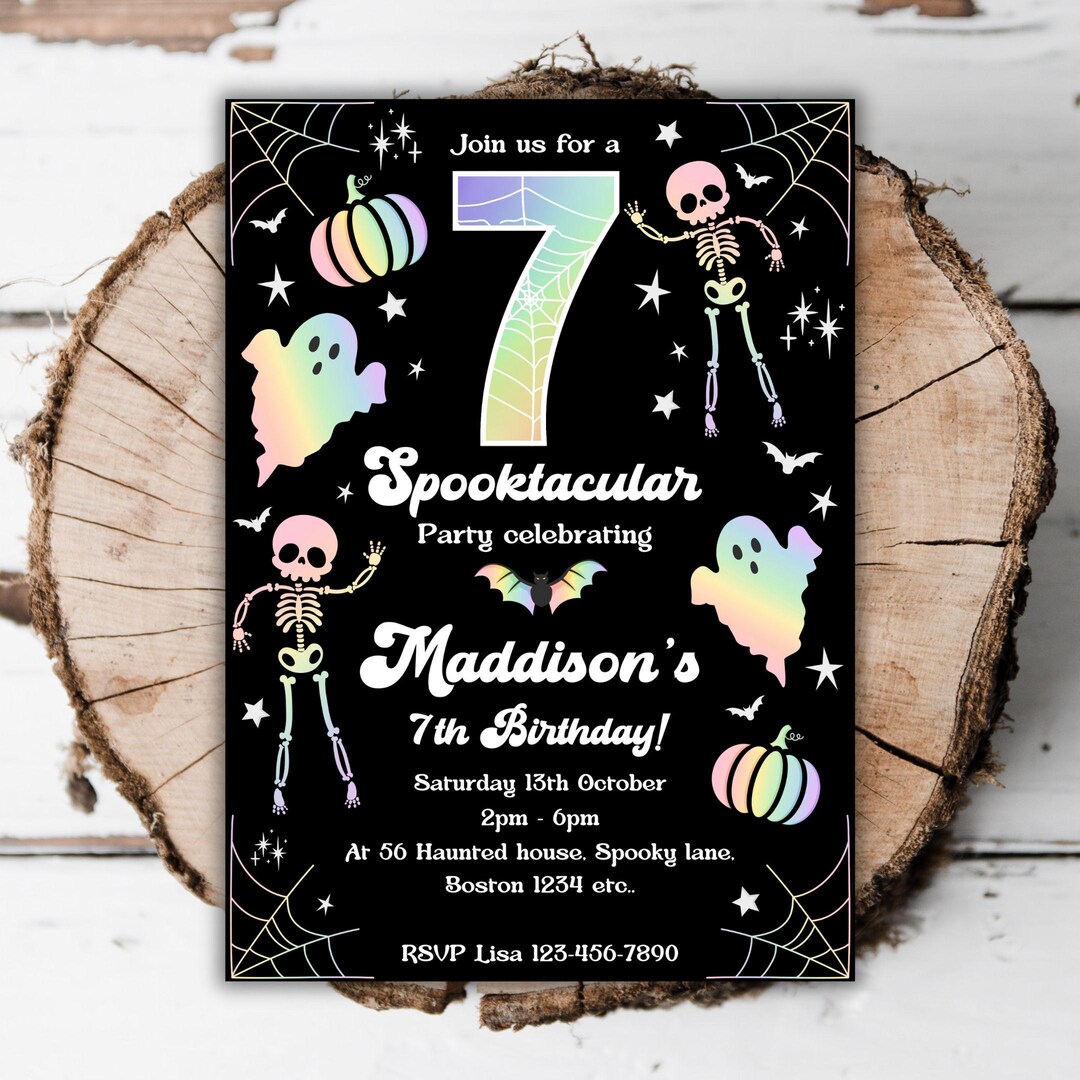 Printable Halloween 7th Birthday Invitation Holographic Rainbow Spooky ...
