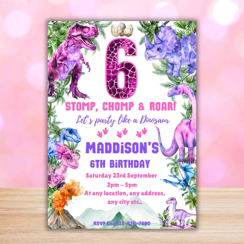 Printable Dinosaur Girls 6th Birthday Invitation Dino Editable Jurassic ...