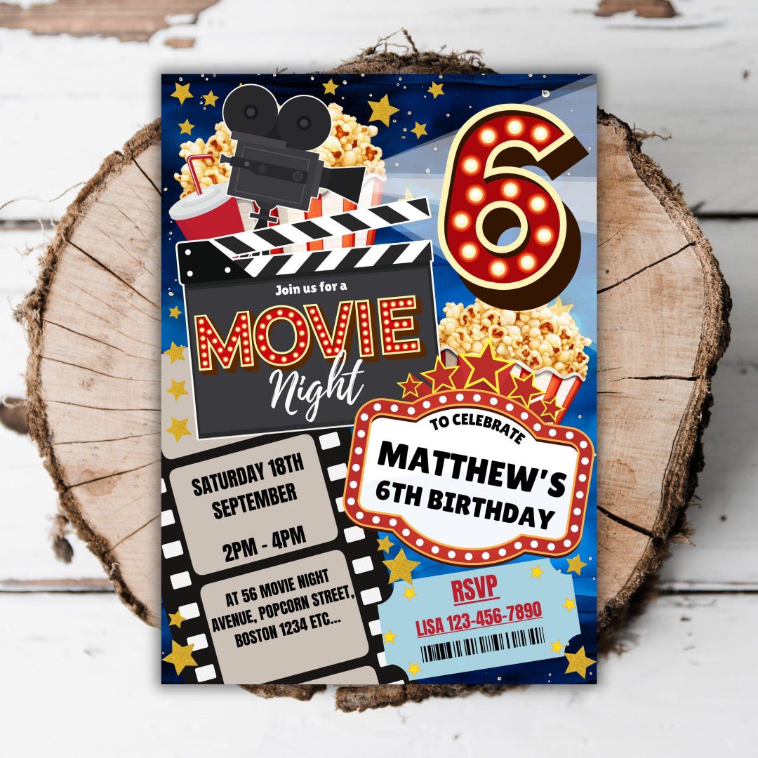 Printable Movie Night 6th Birthday Invitation Party Editable Cinema 6th ...