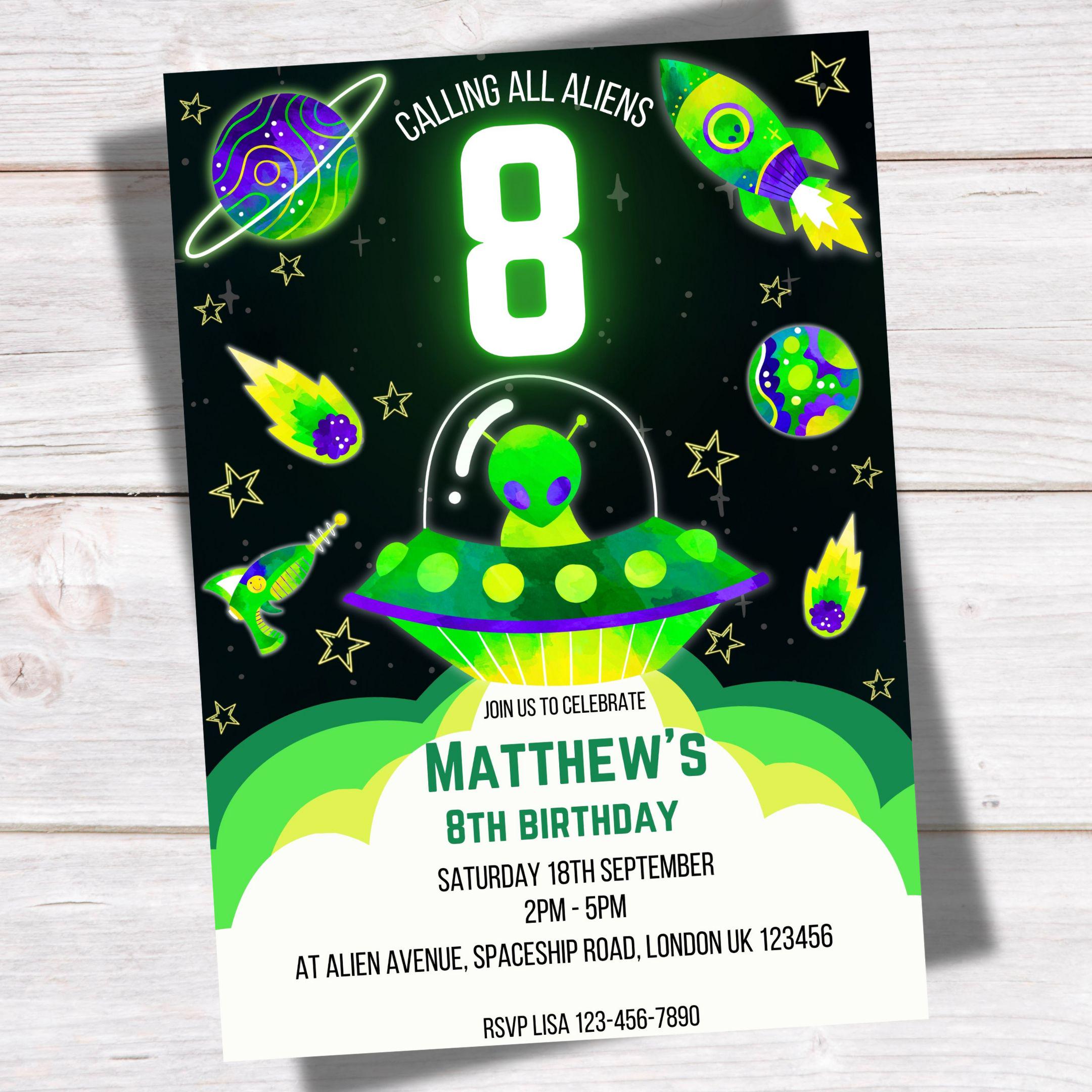 Printable Alien Birthday Invitation Boys Neon Alien Spaceship Editable ...