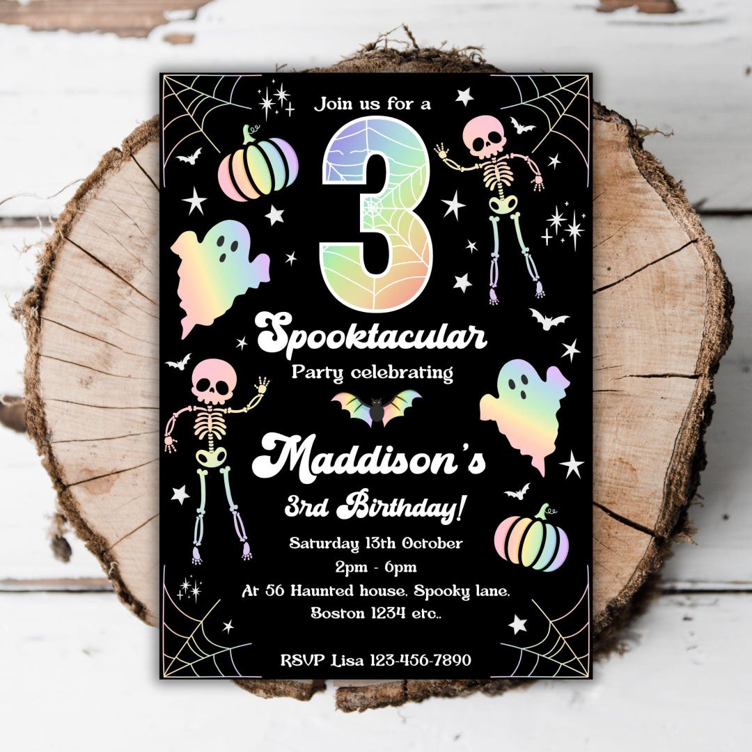 Printable Halloween 3rd Birthday Invitation Holographic Rainbow Spooky ...