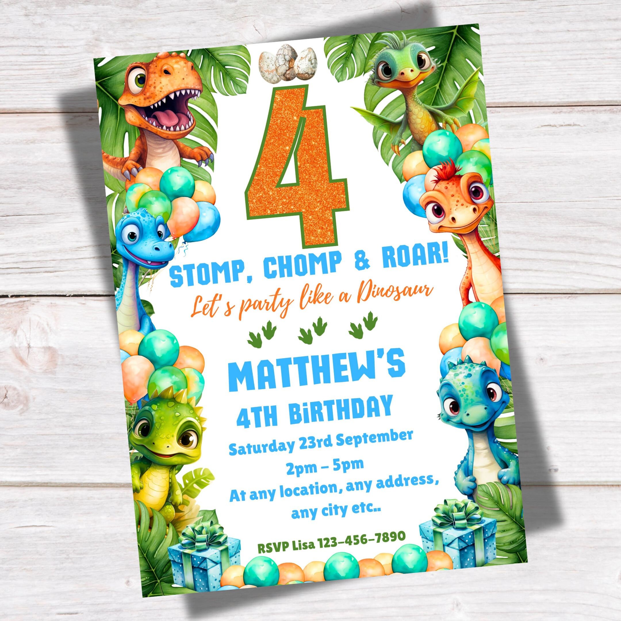 Printable Dinosaur Boys 4th Birthday Invitation Dino Editable Jurassic ...