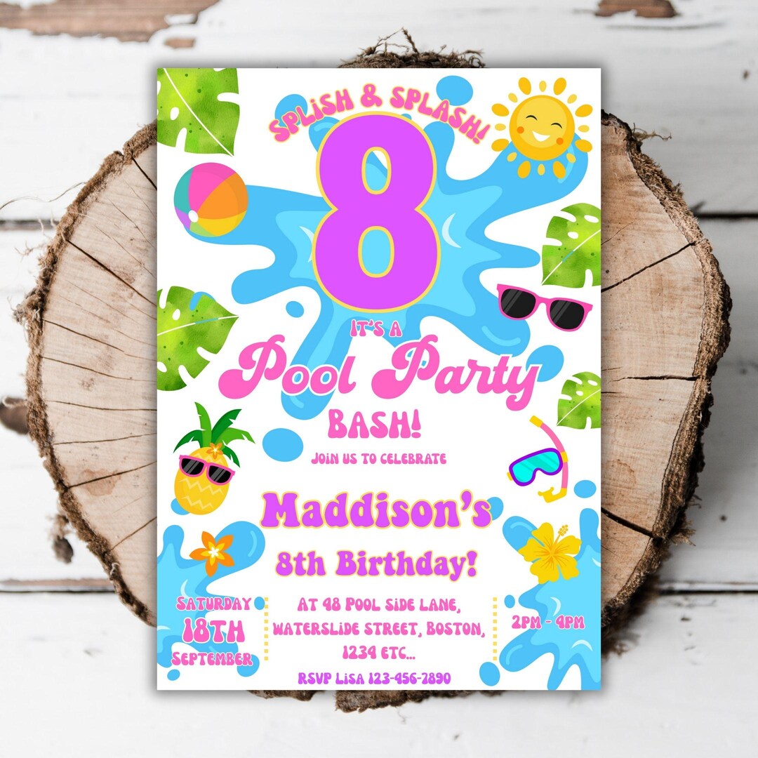 Printable Pool Party 8th Birthday Invitation Waterpark Editable Girls ...